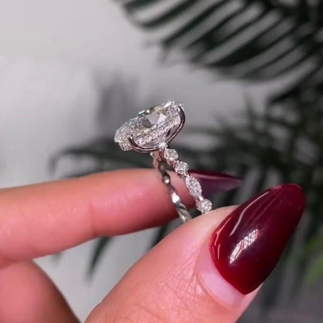 Oval Moissanite Engagement Ring 14k White Gold | Hidden Halo Bridal ...