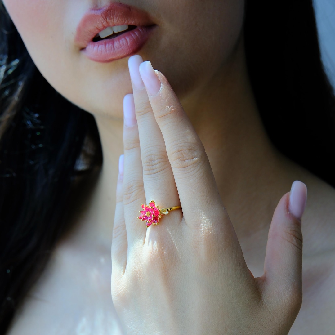 Ruby Lotus Flower Ring for Her, Dainty Red Gemstone Lotus Ring, July ...
