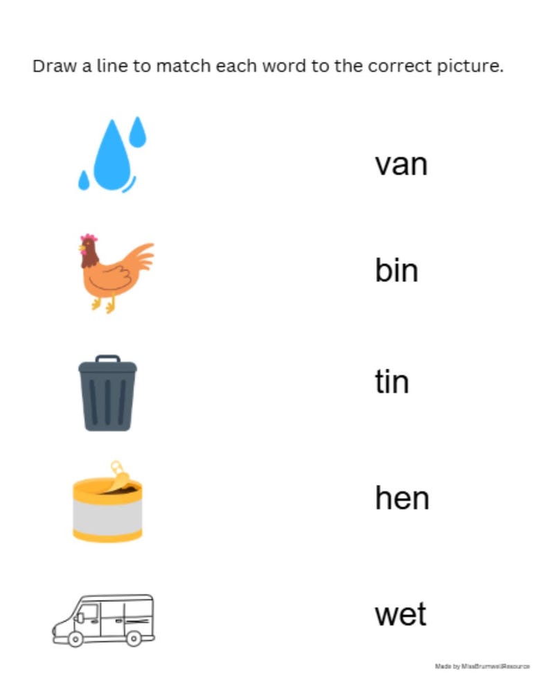KS1 Phonics CVC Word Matching Worksheet | Printable Phonics Activity ...