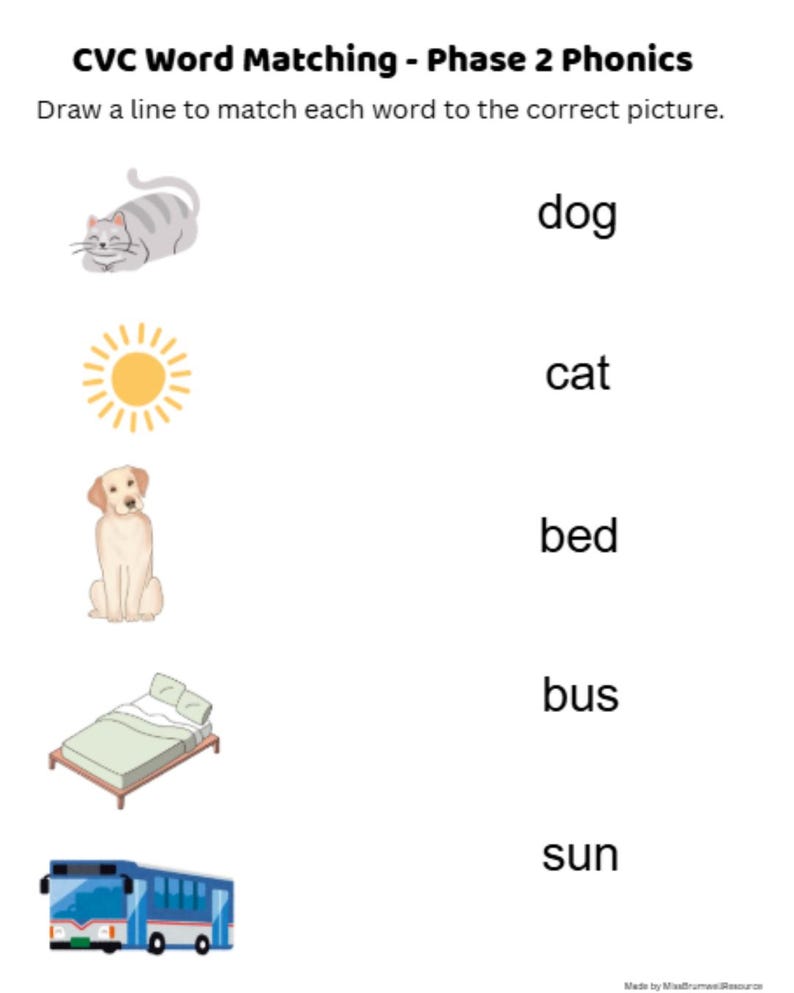 KS1 Phonics CVC Word Matching Worksheet | Printable Phonics Activity ...