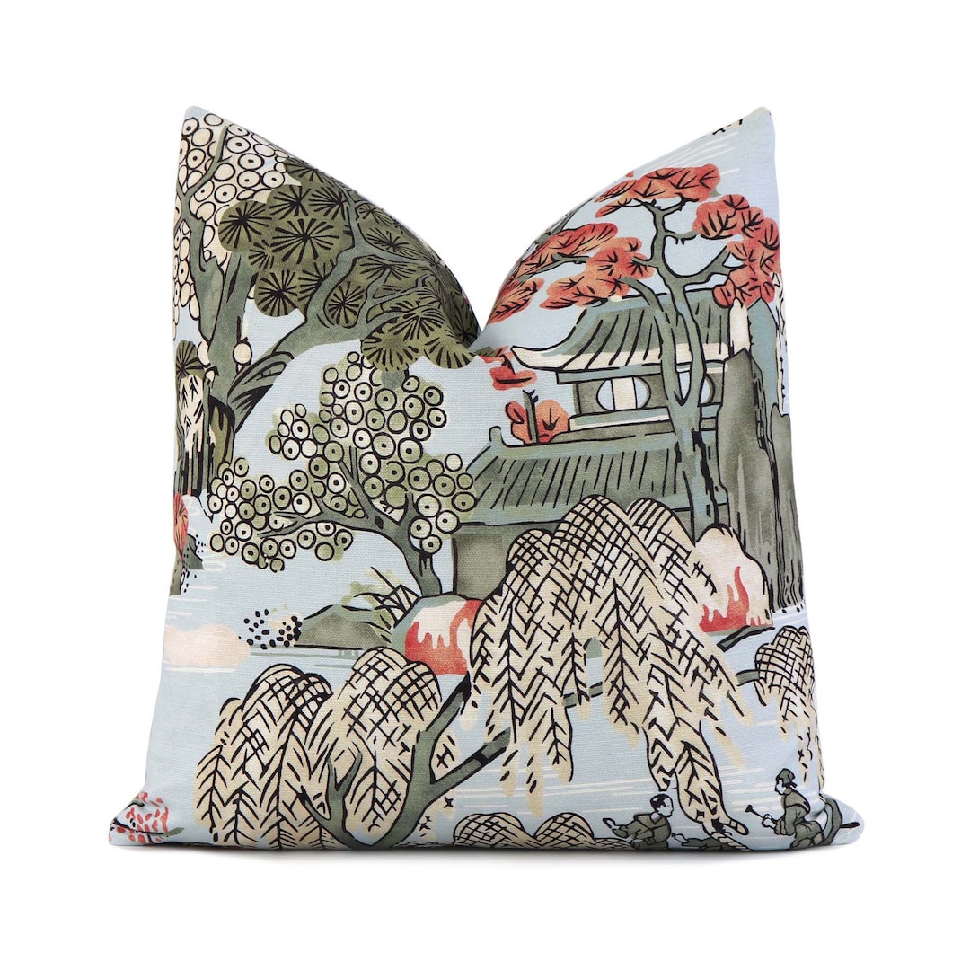 Thibaut Asian Scenic Robins Egg Decorative Throw Pillow With Gold