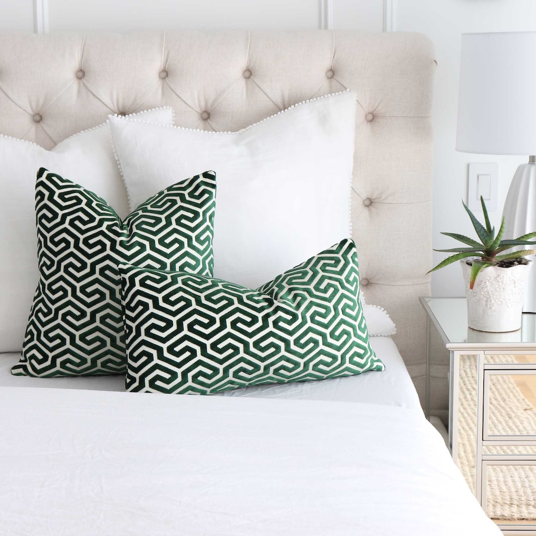 SAMPLE SALE 16x16" Cut Velvet Ming Fret Emerald Green Throw Pillow ...