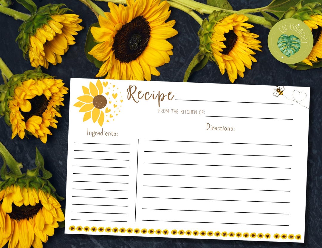 Sunflower Recipe Card Template - 4x6 Digital Download - Printable ...