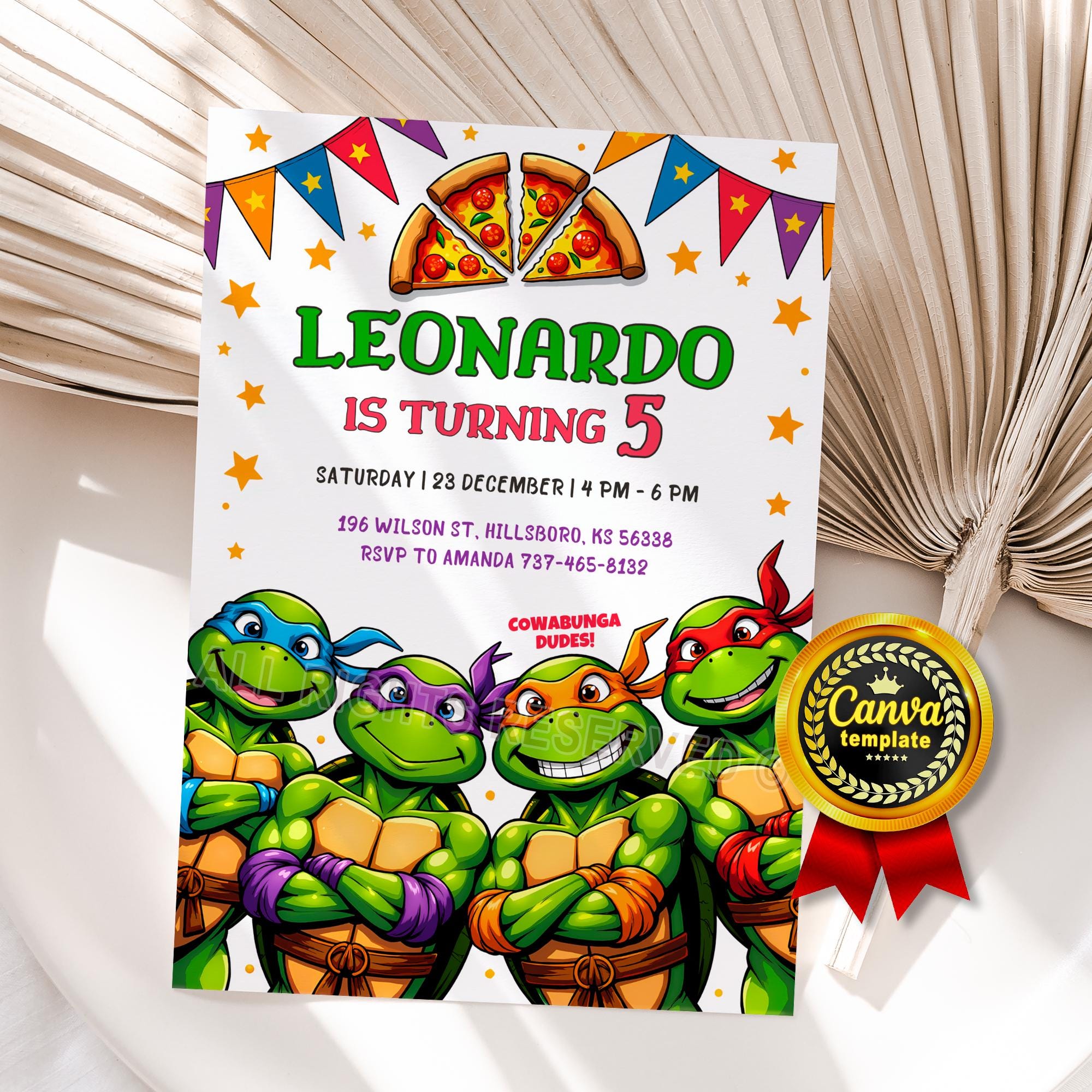 Ninja Turtles Cowabunga Birthday Invitation – Editable Canva Template ...