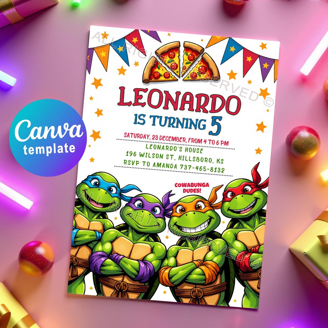 Ninja Turtles Cowabunga Birthday Invitation – Editable Canva Template ...