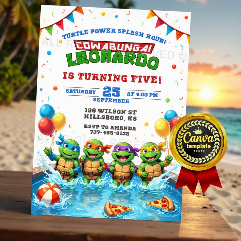 Ninja Turtles Pool Party Invitation – Editable Canva Template for ...