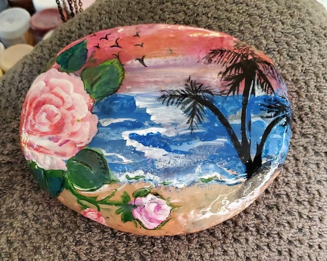 Dreamscape Rock, Painted Beach Scene With Roses and Trees ...