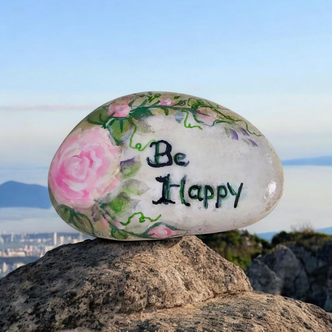 Hand-painted 'be Happy' Rock: Peach Roses, Kindness Gift - Etsy