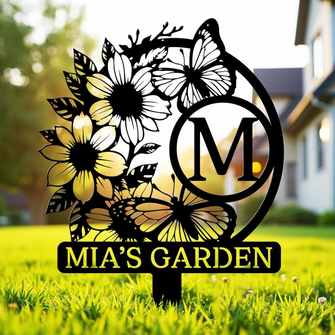 Custom Name Garden Stake With Flowers Butterfly and Sunflower Yard Sign ...