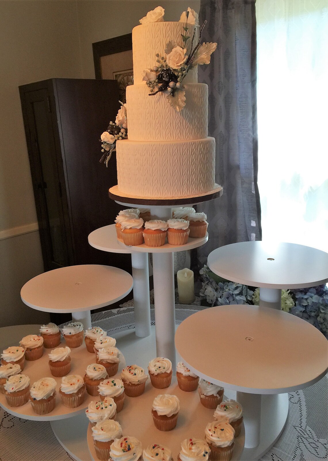 7 Tier Staggered Elevation Cupcake Stand With Center Post for Cutting ...