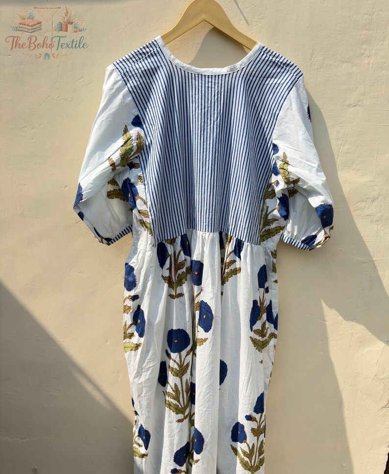 Indian Cotton Block Print Midi Dress, Boho Floral Summer Gown ...