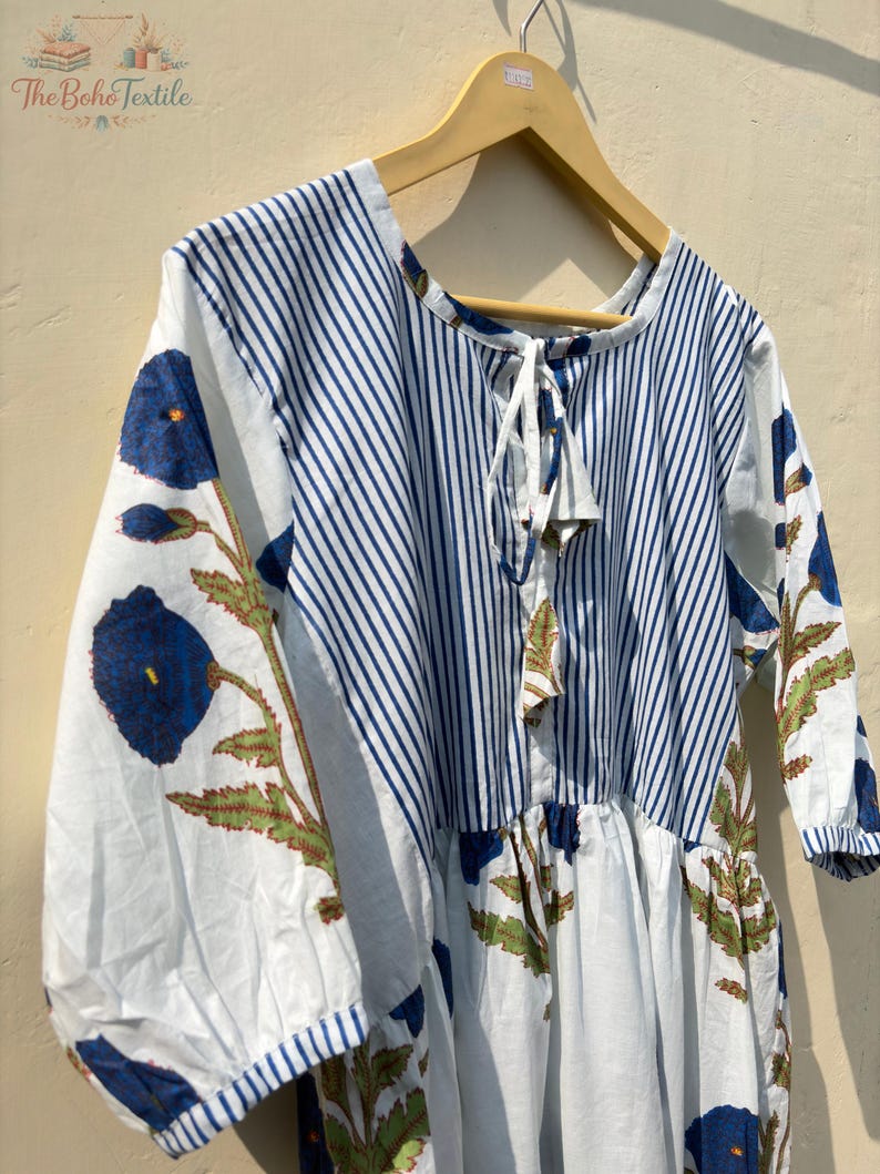 Indian Cotton Block Print Midi Dress, Boho Floral Summer Gown ...