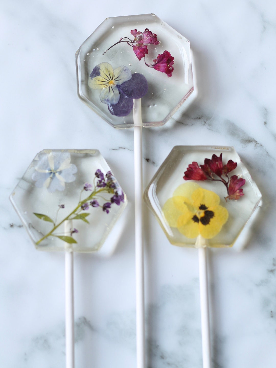 Hexagon Pressed Flower Lollipops: Edible Floral Party Favors - Spring ...