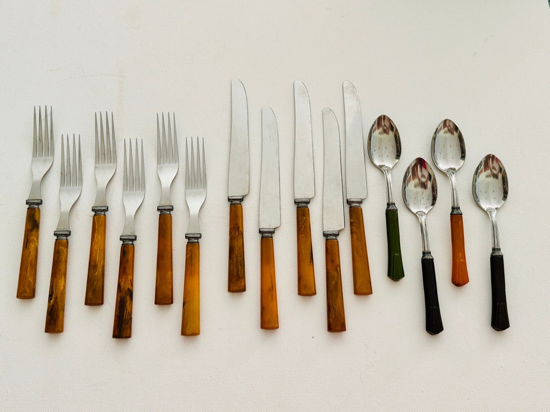 Vintage Flatware With Bakelite Handles, Art Deco, Knives Forks Spoons, Vintage Stainless - Etsy
