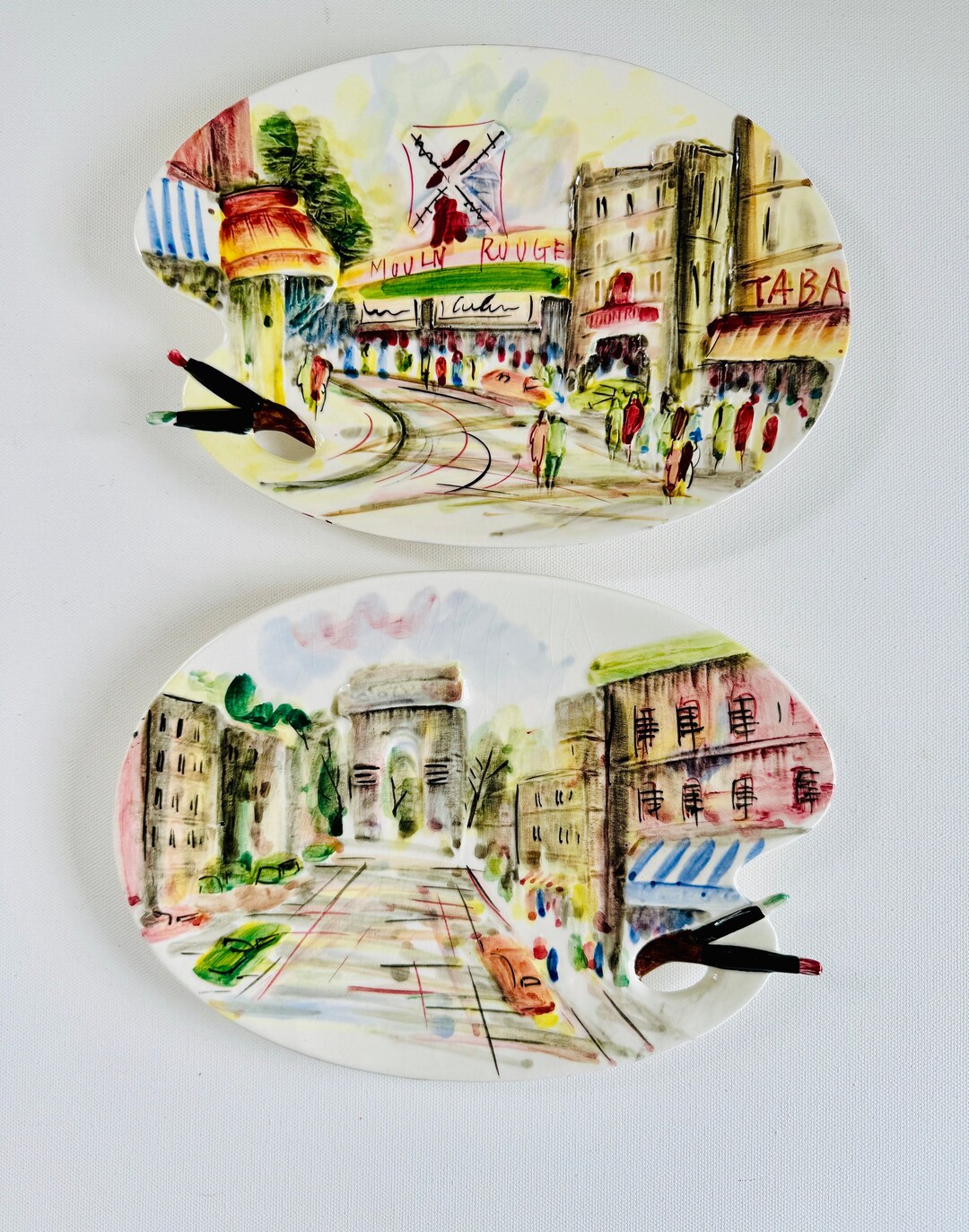 MCM Artist Pallet Shape Ceramic of Moulin Rouge and Street Scene ...