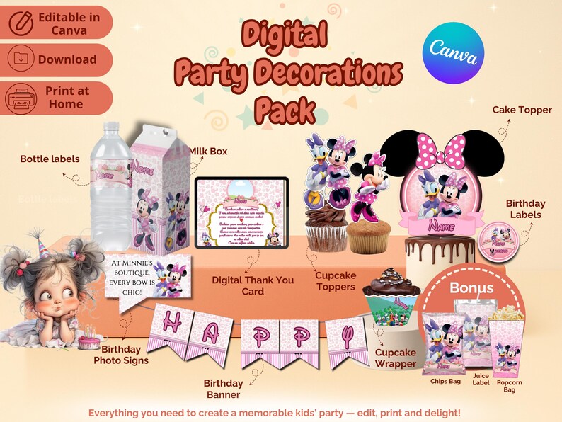 Minnie Party Decorations Kit, Canva Template,minnie Party Decorations ...