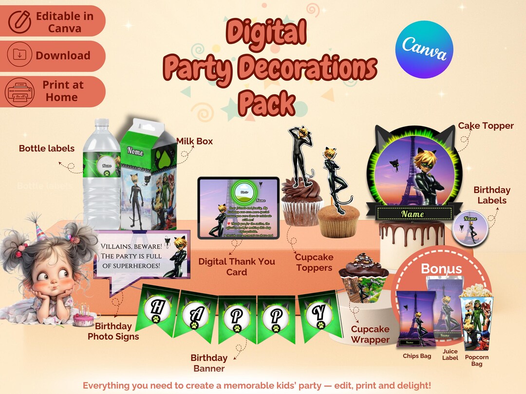 Cat Noir Party Decorations Kit,canva Template,cat Noir Party ...