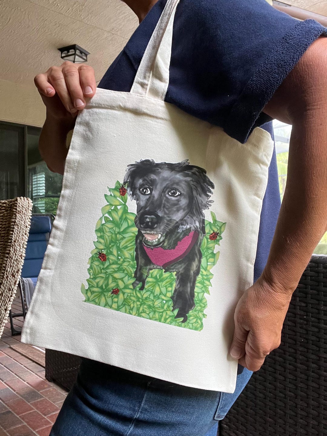 Black Fluffy Dog With Ladybugs Canvas Tote Bag: Original Double-sided ...