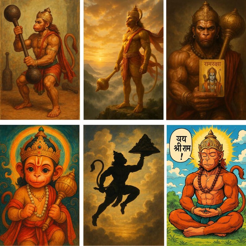 INDIAWHIRL Lord Hanuman Poster Set – Set of 5 Spiritual Wall Art Prints ...