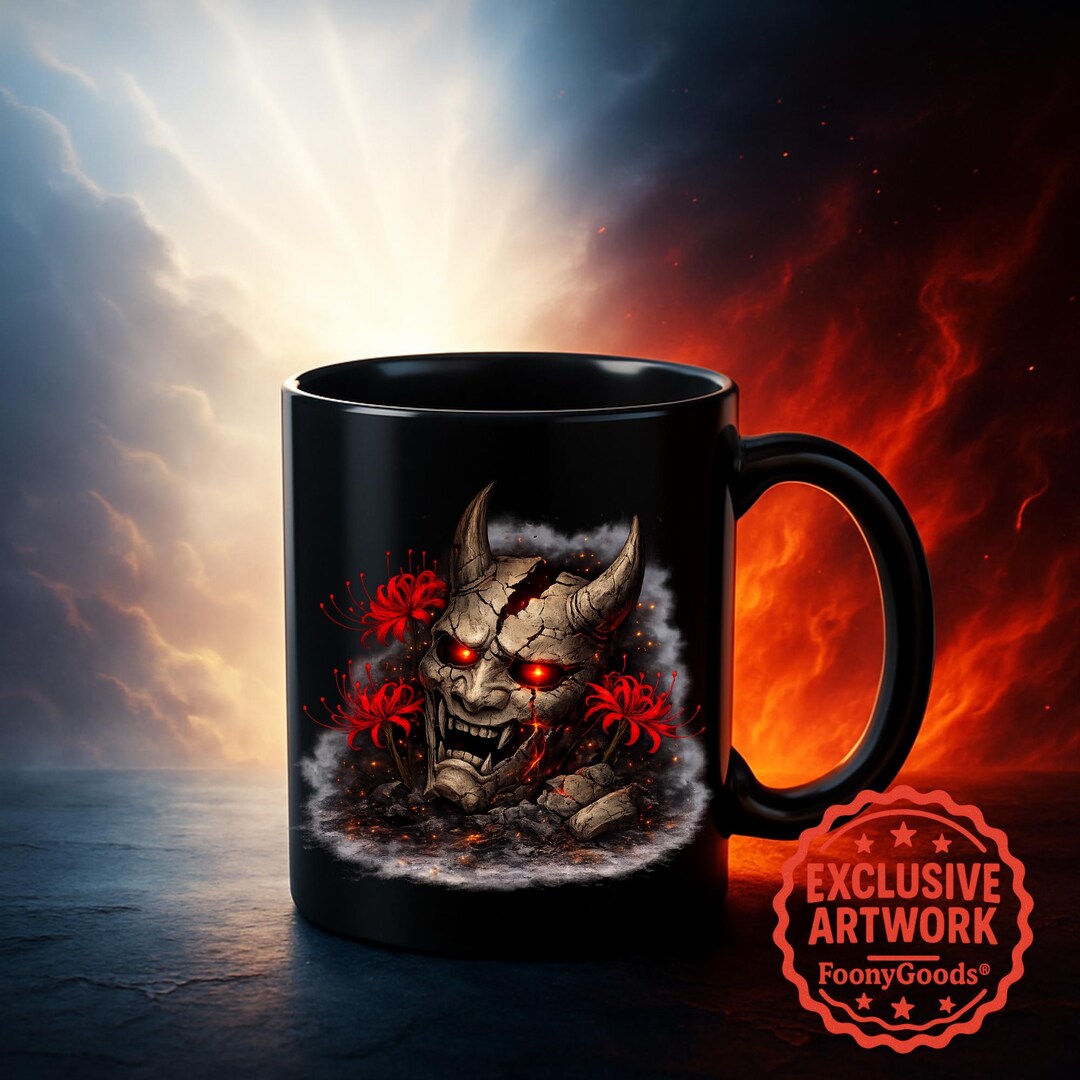 Gothic Oni Mask Coffee Mug - Red Spider Lily Anime Otaku Black ...