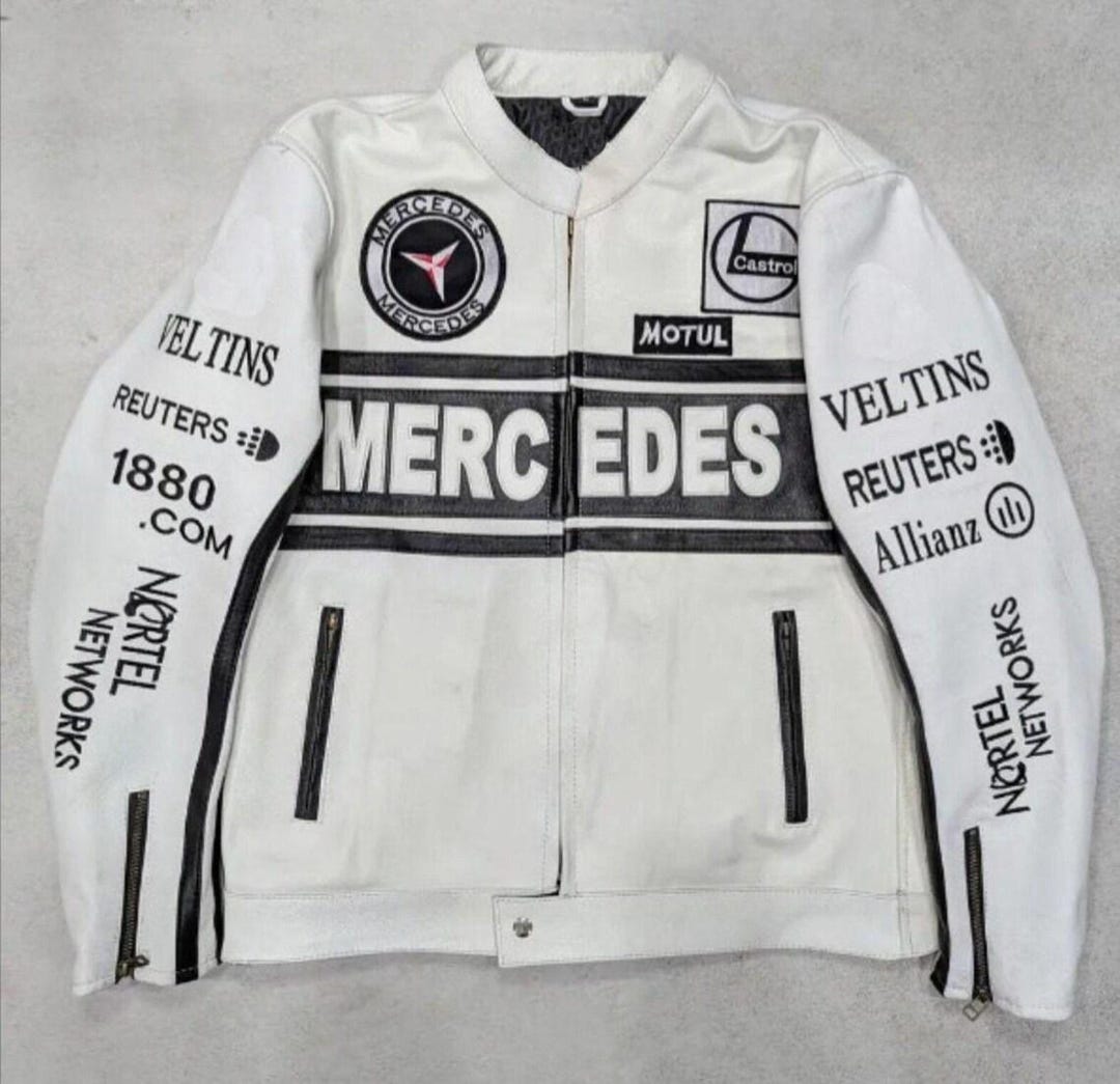 Mercedes AMG Racing Leather Jacket White Motorsport Bomber Jacket Men’s ...