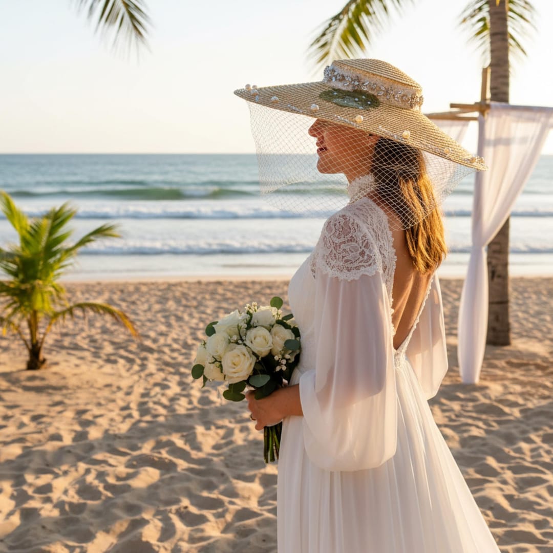 Luxury Embellished Bridal Straw Wide Brim Hat With Birdcage Veil ...