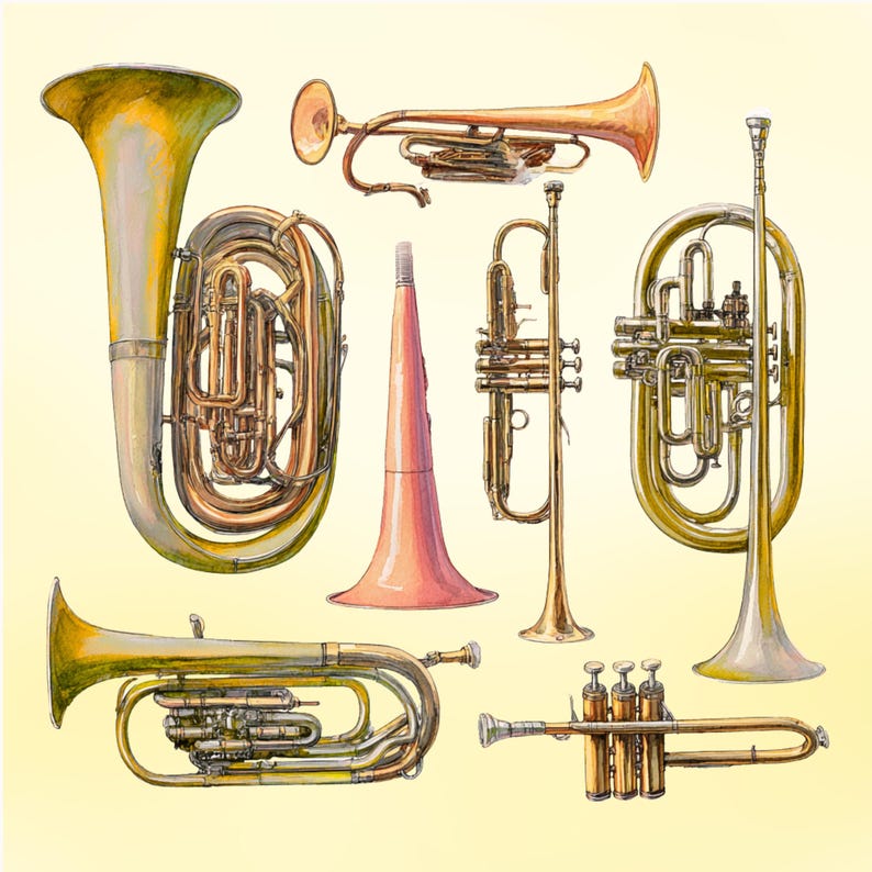 Brass Trumpet PNG Clipart Bundle - 30 Watercolor PNG Music Stickers ...
