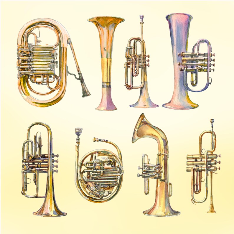 Brass Trumpet PNG Clipart Bundle - 30 Watercolor PNG Music Stickers ...