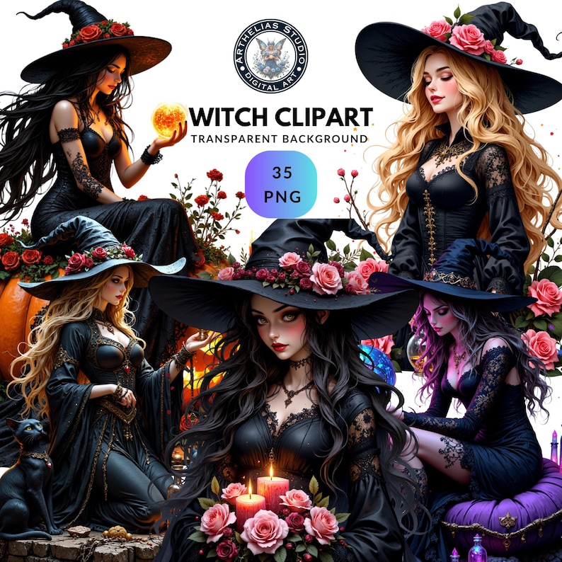 Witch Clipart Set – Retro Gothic Watercolor Style, Halloween Witches ...