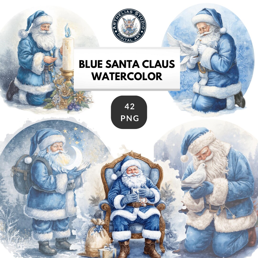 Blue Santa Claus Watercolor Clipart – 42 PNG Christmas Graphics ...