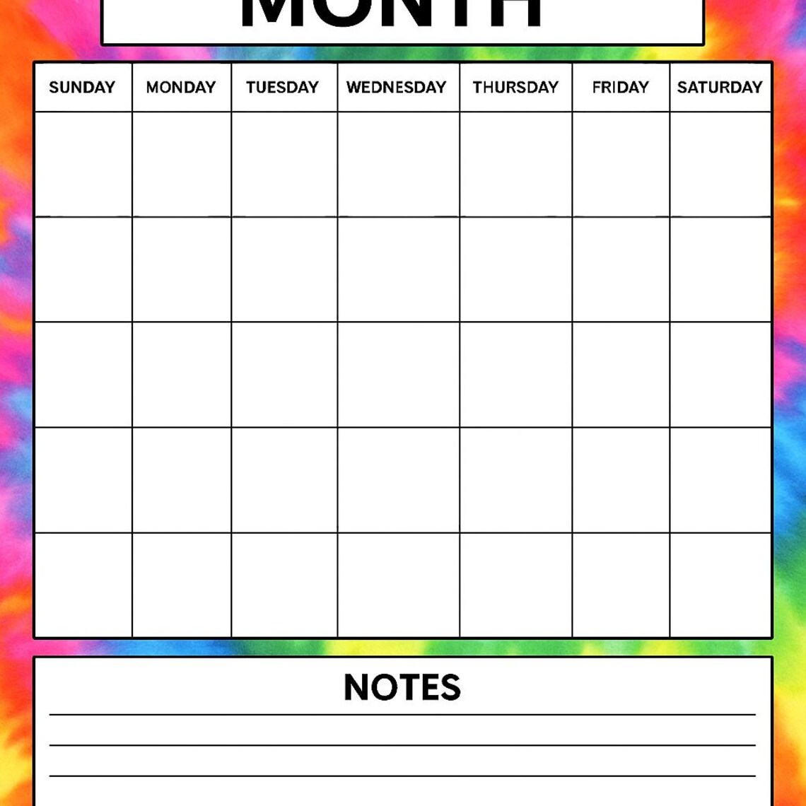 Bright Bold Undated Monthly Calendar | Editable PDF | Printable Rainbow ...