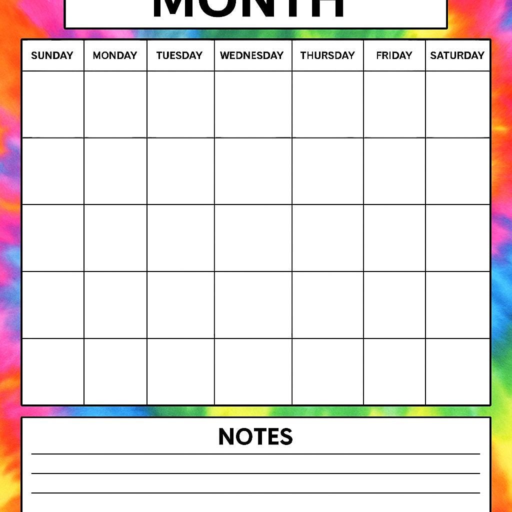 Bright Bold Undated Monthly Calendar | Editable PDF | Printable Rainbow ...