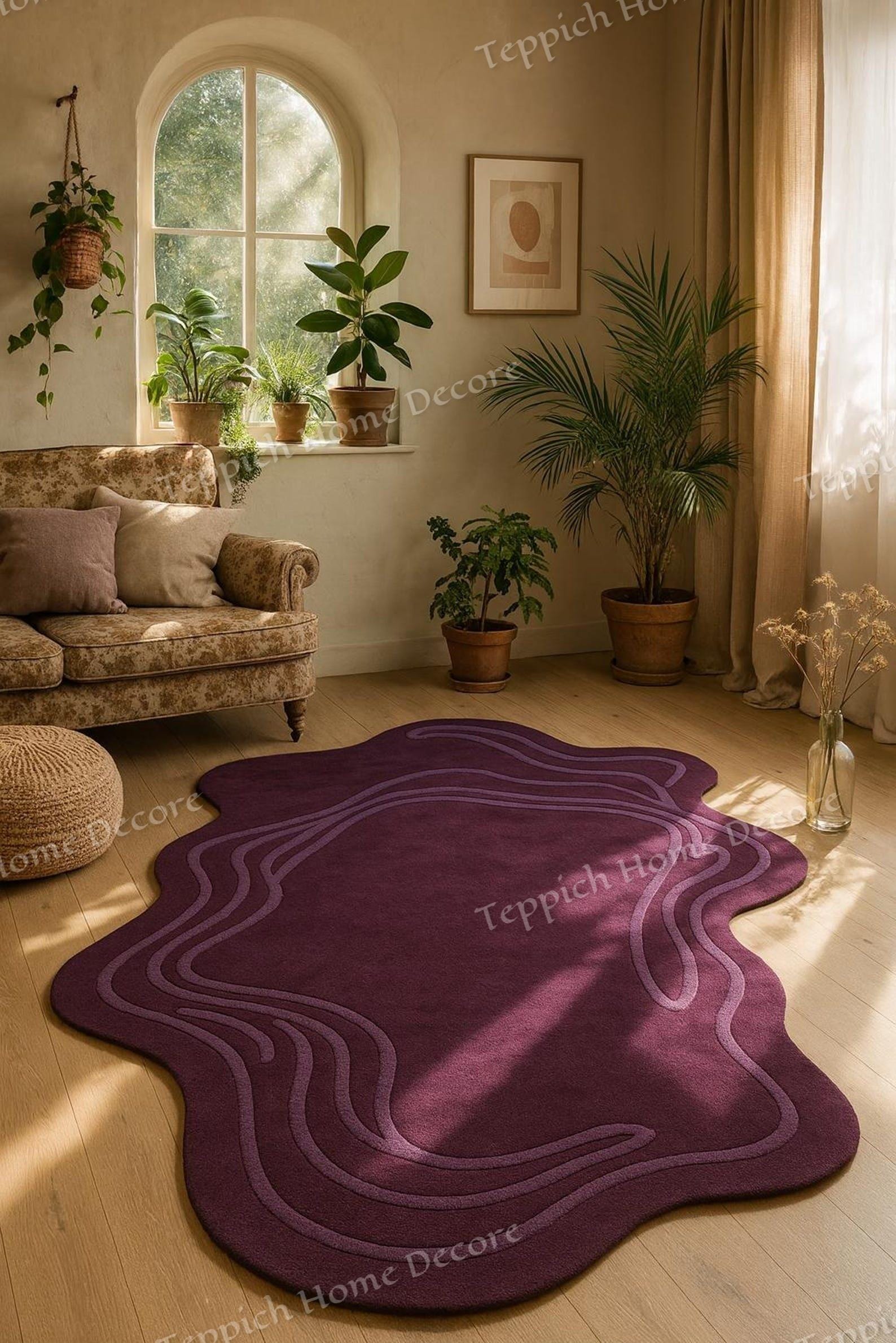 Deep Purple Wool Rug: Irregular Wavy Handmade Statement Carpet - Etsy