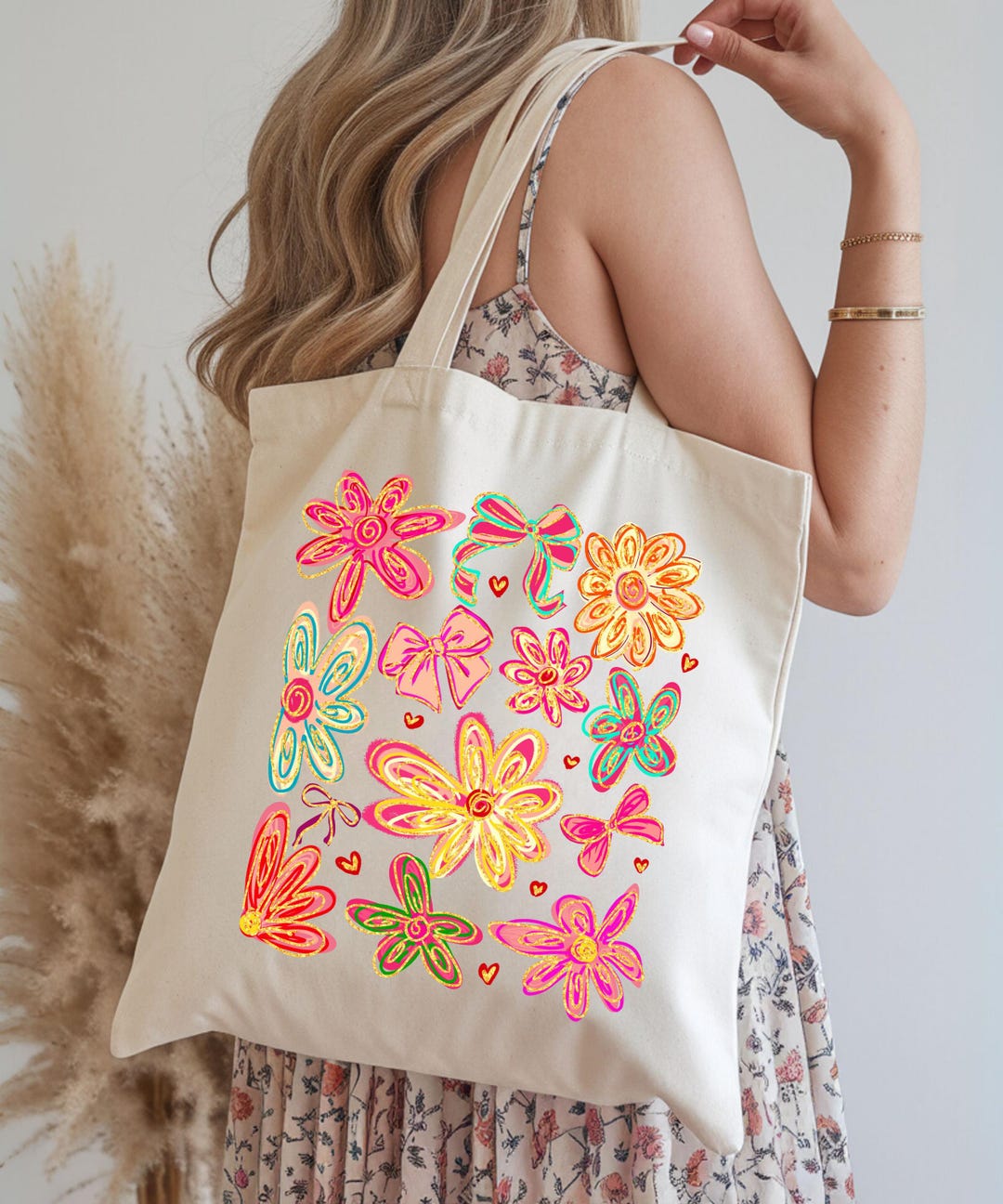 Boho Hand Drawn Wildflowers and Bows Aesthetic Canvas Tote Bag Reusable ...