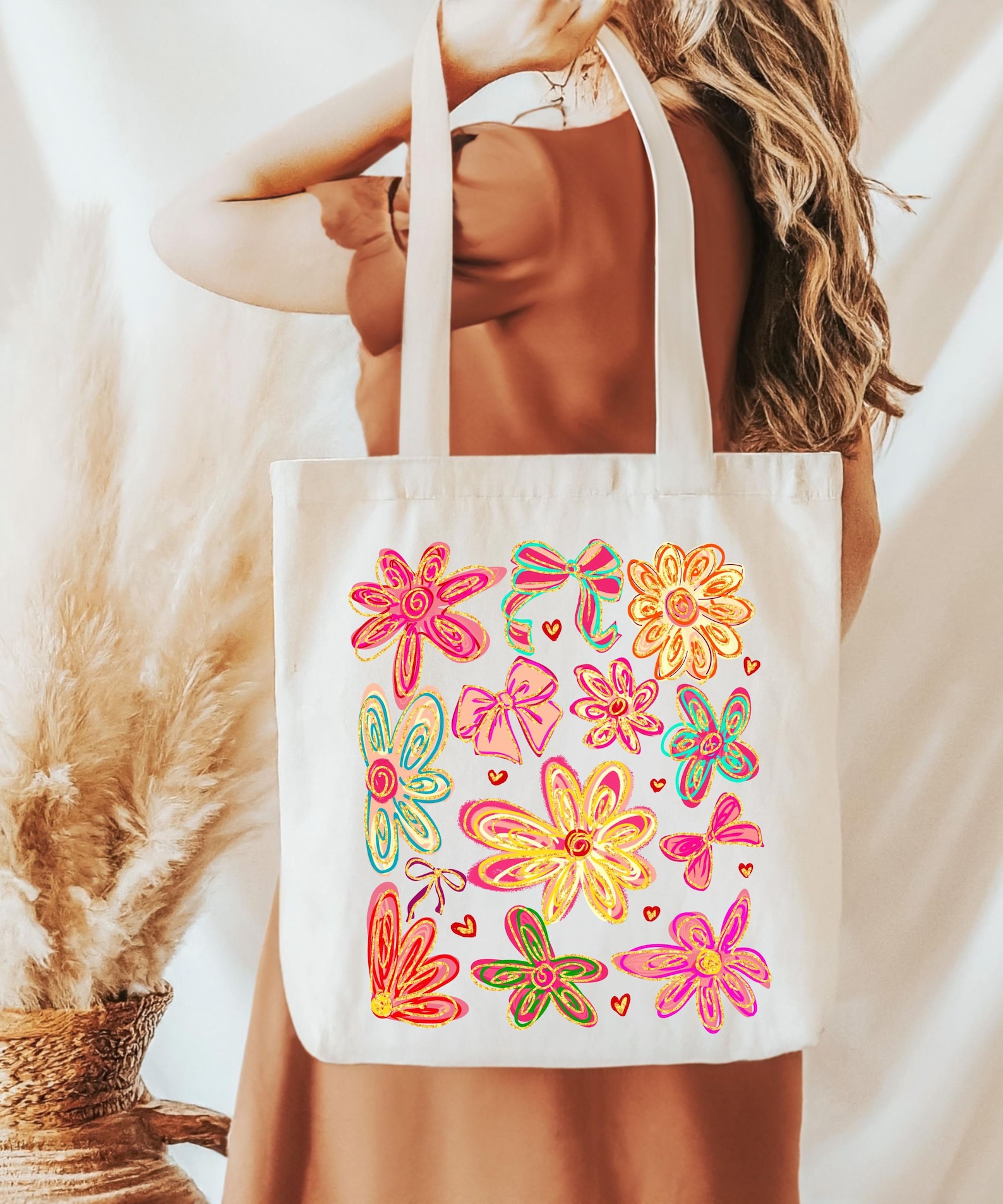 Boho Hand Drawn Wildflowers and Bows Aesthetic Canvas Tote Bag Reusable ...