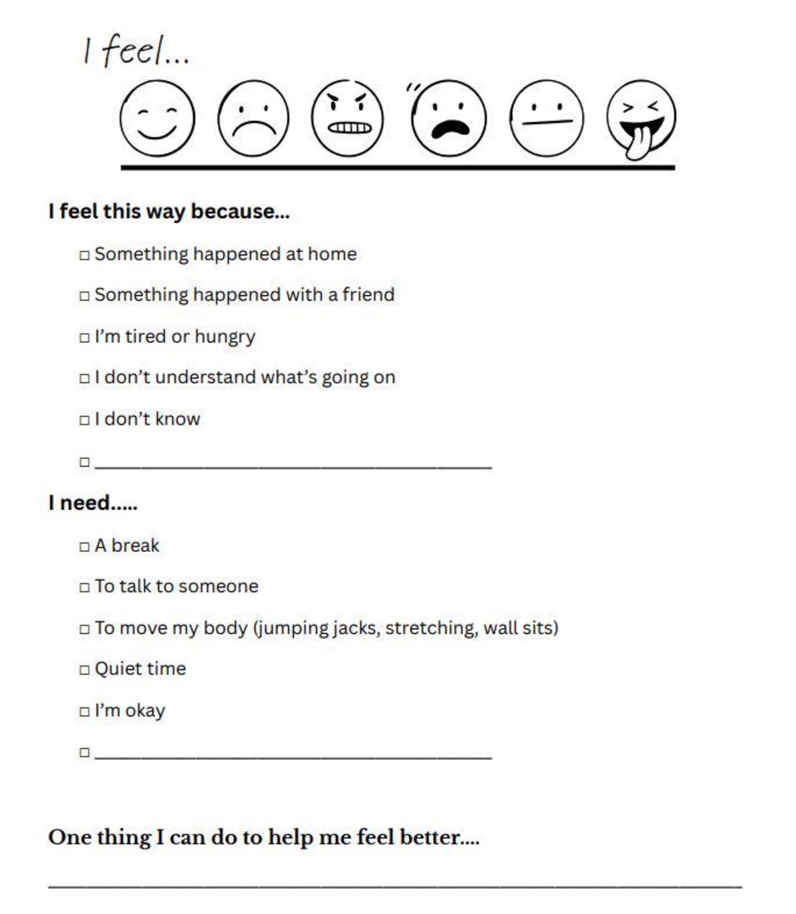 I Feel... Daily Feelings Check-in Worksheet - Etsy