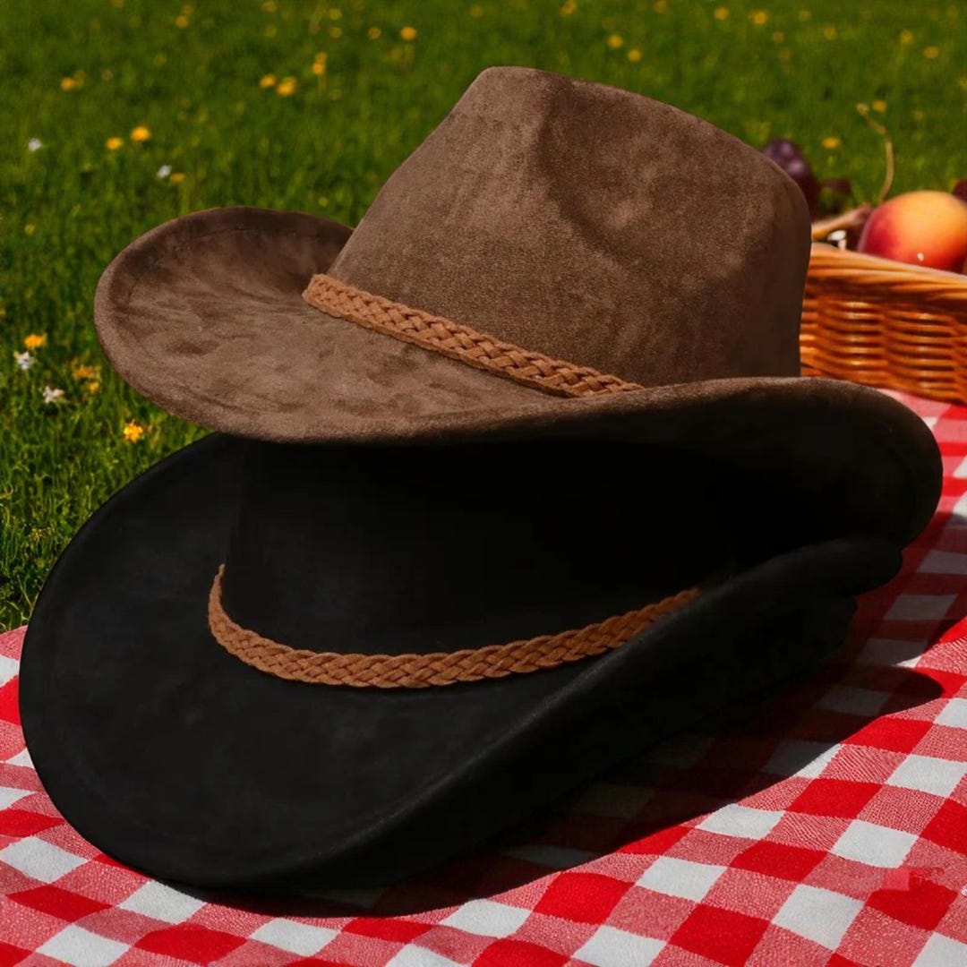 Vegan Suede Cowboy Hat With Braided Strap | Western Style Sun Hat - Etsy