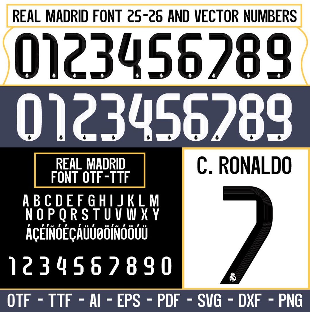 Real Madrid 25-26 Jersey Font Vector, Football Season 2025-2026, Font ...