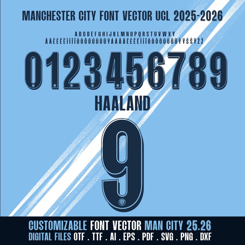 Manchester City 25-26 UCL Font Vector: Football Kit Design (digital ...