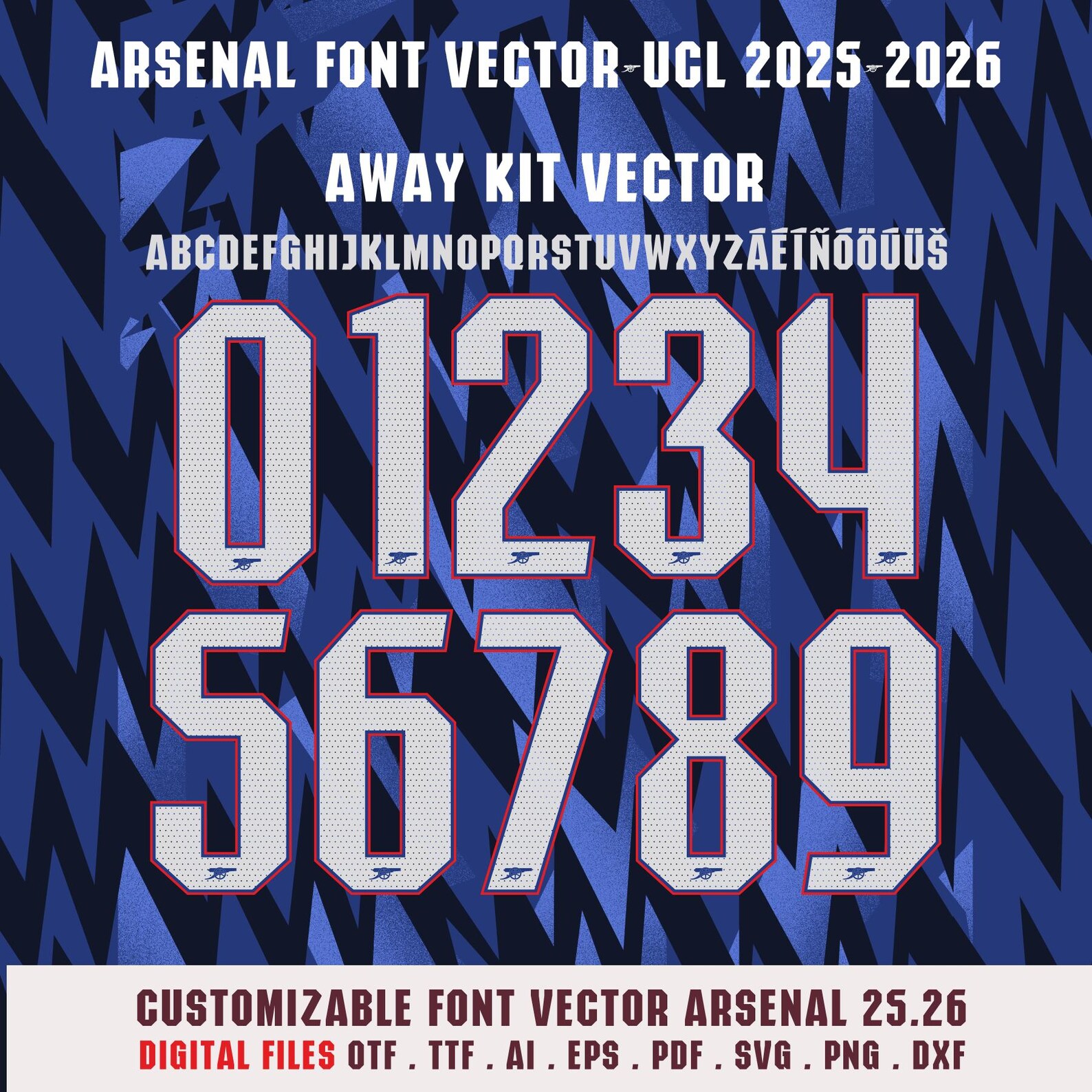 Arsenal 25-26 Font Vector UCL :kits Home, Away, Third Football Font Kit ...