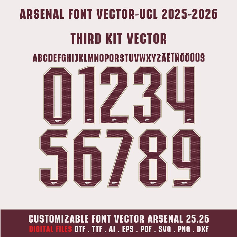 Arsenal 25-26 Font Vector UCL :kits Home, Away, Third Football Font Kit ...
