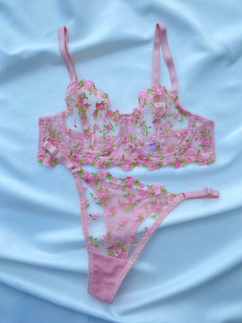 Florina Embroidered Lingerie Set – Sheer Pink Floral Bra & Thong | Romantic Mesh Lingerie ...