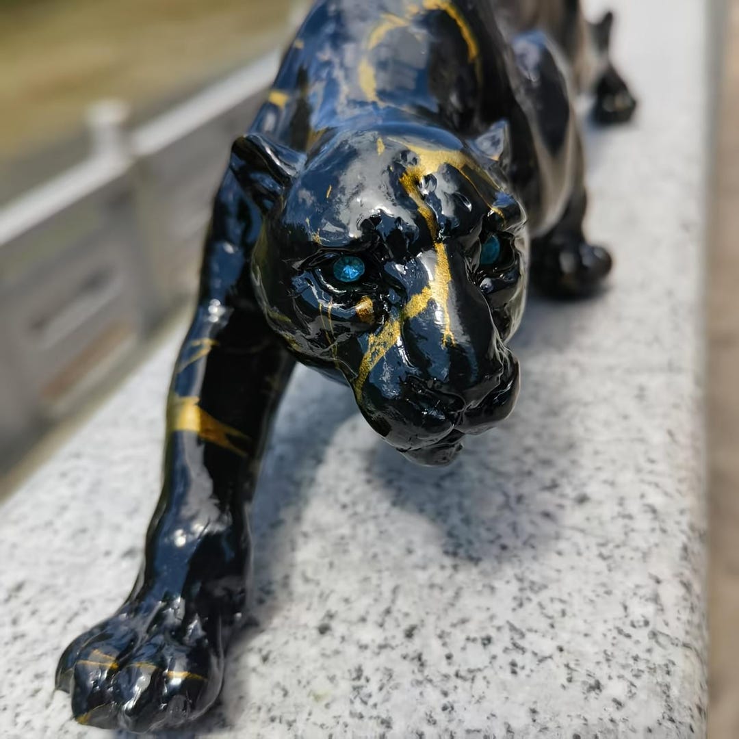 Cracked Panther Sculpture Modern Black Silver Big Cat Statue Luxury ...