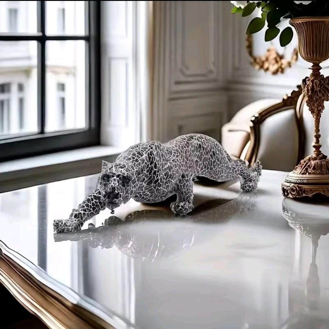Cracked Panther Sculpture Modern Black Silver Big Cat Statue Luxury ...