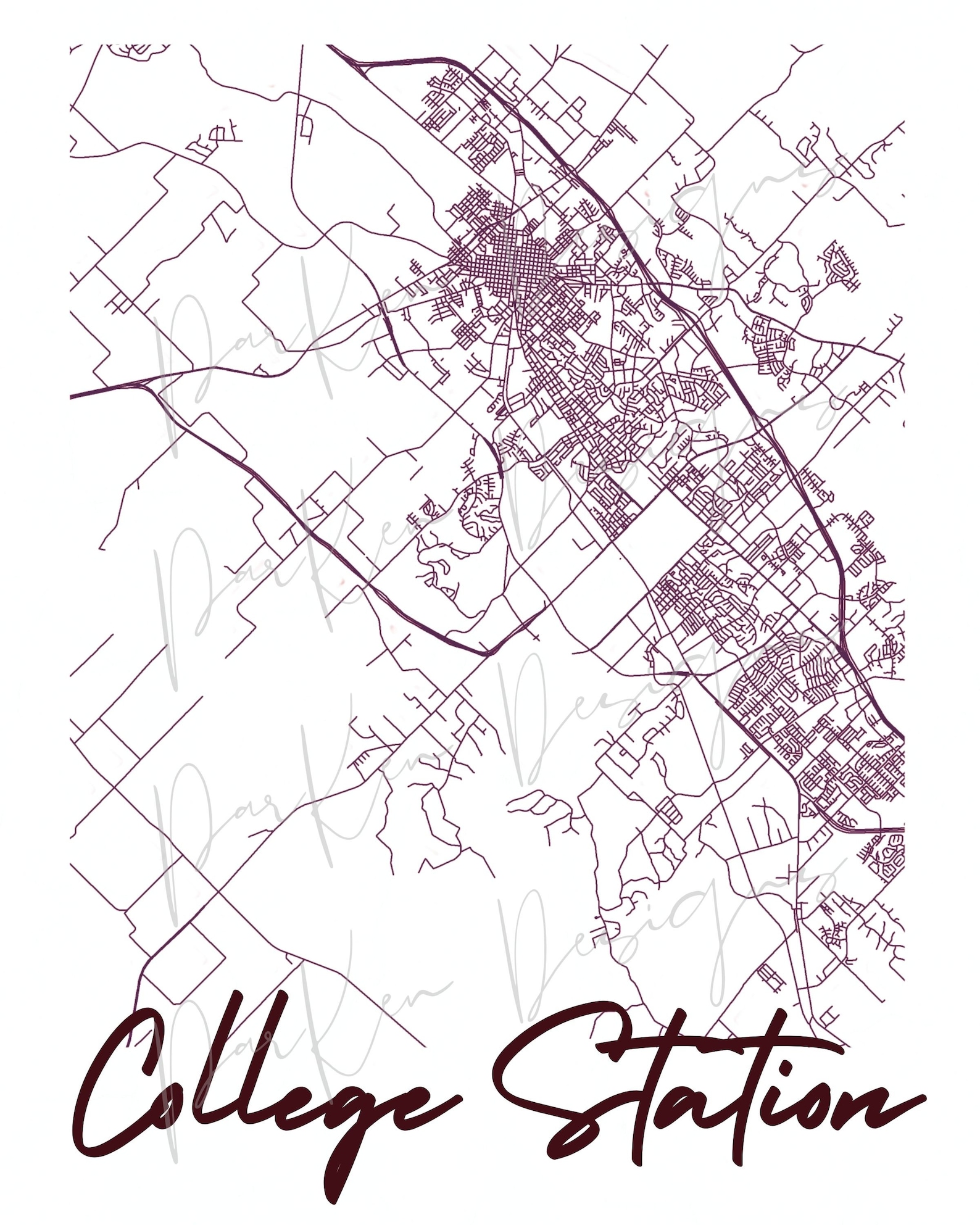 College Station Map Maroon (digital Download), College Station, Texas ...