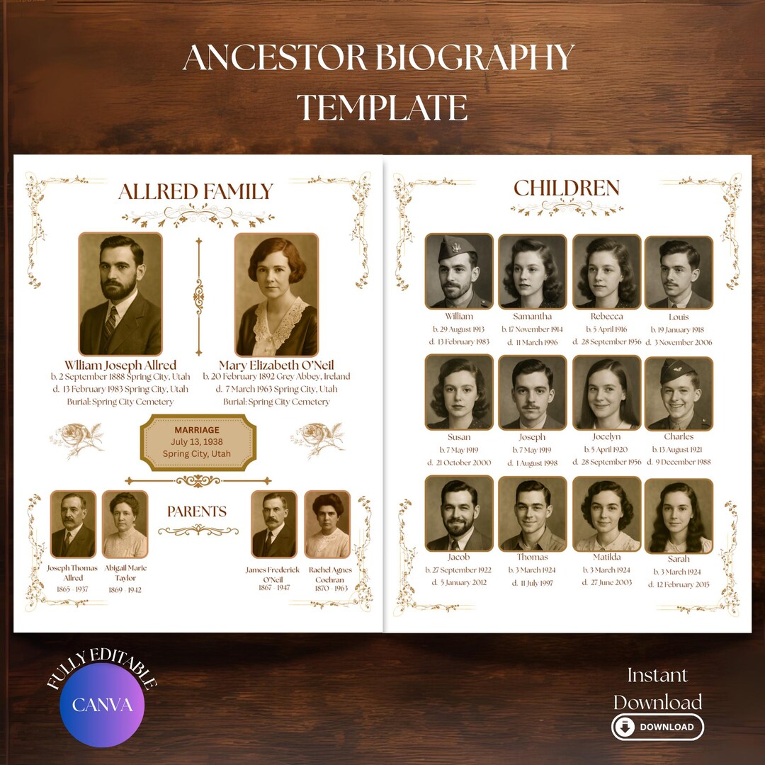 Ancestor Biography Template: Customizable Family History Keepsake ...