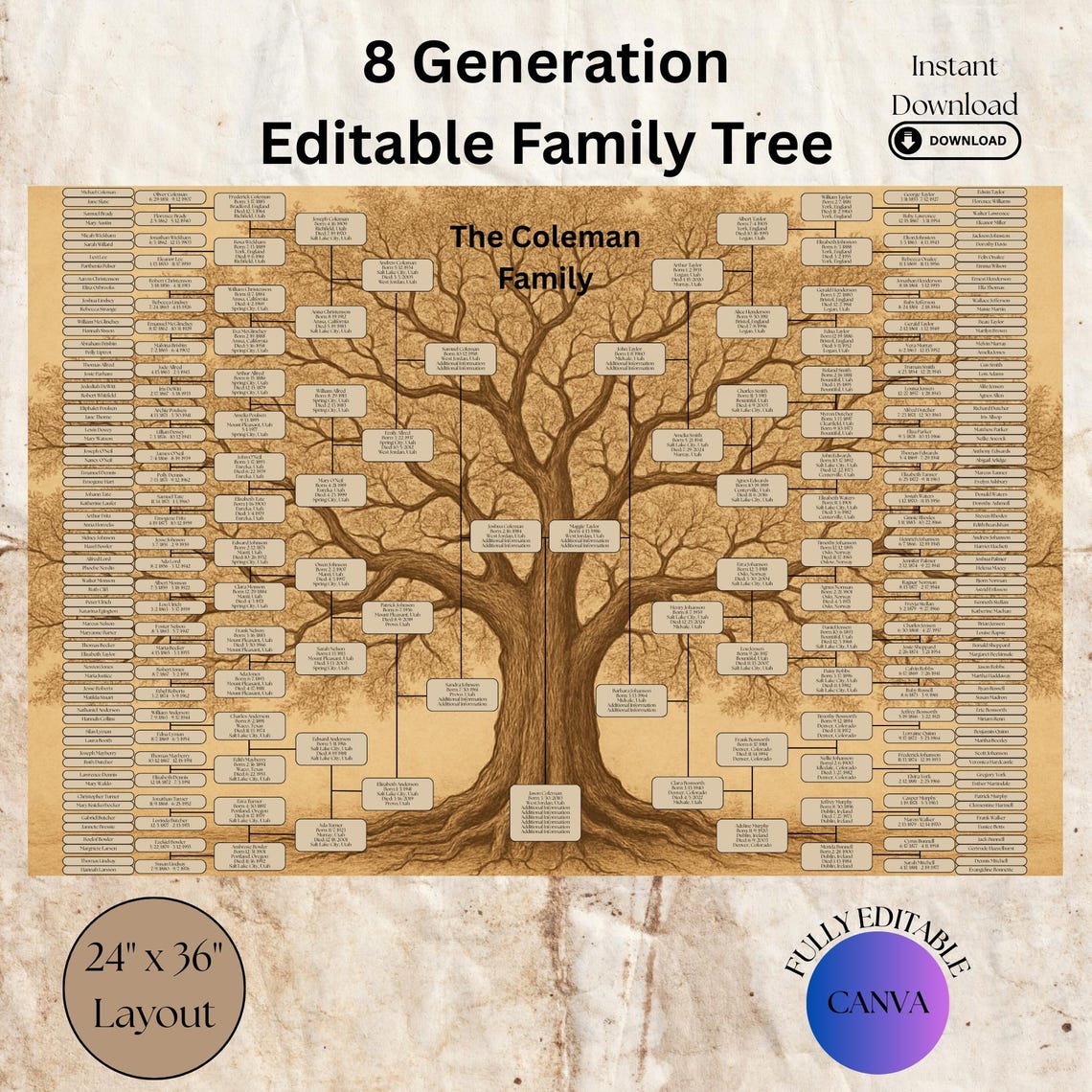 8 Generation Rustic Vintage Family Tree Template: Customizable ...