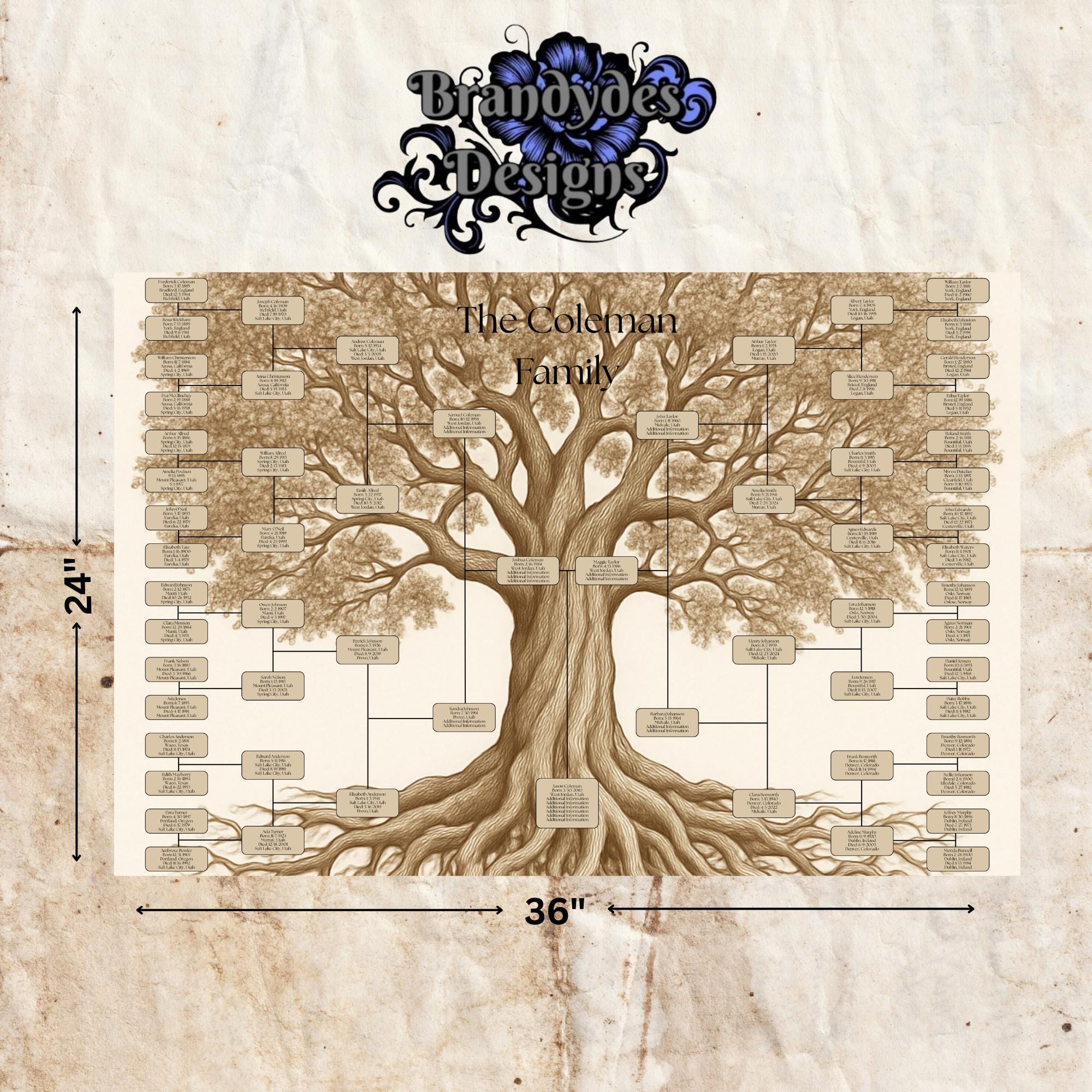 6 Generation Vintage Family Tree Template: Genealogy Chart (24"x36 ...