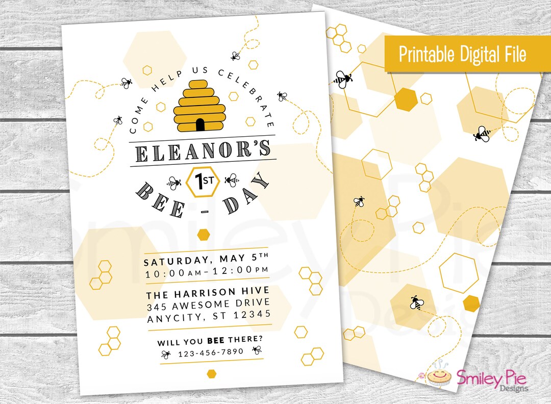 Bee-day Party Invitation - Printable File - Girl Boy Birthday - First ...