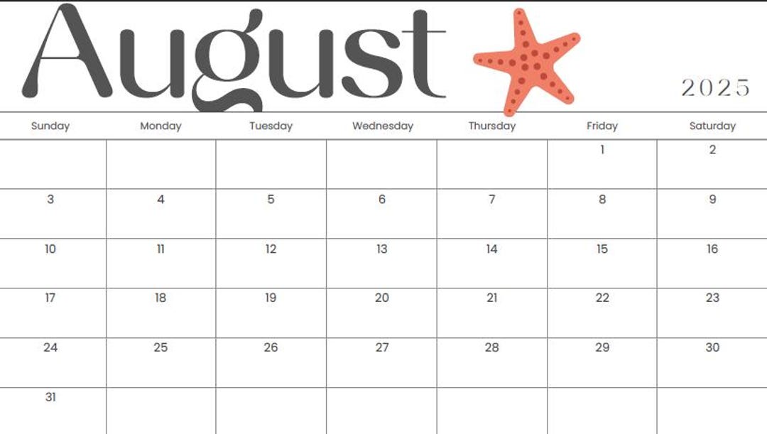 Editable Summer Calendar (august) - Etsy